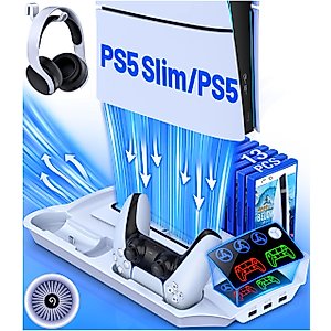 PS5 Slim Stand and Cooling Station with Controller Charging Station for Playsation 5 Slim/PS5 Disc Digital Console, PS5 Accessories Incl. 3 Levels Cooling Fan, 13 Game Slots, 3 USB HUB, Headset Holder