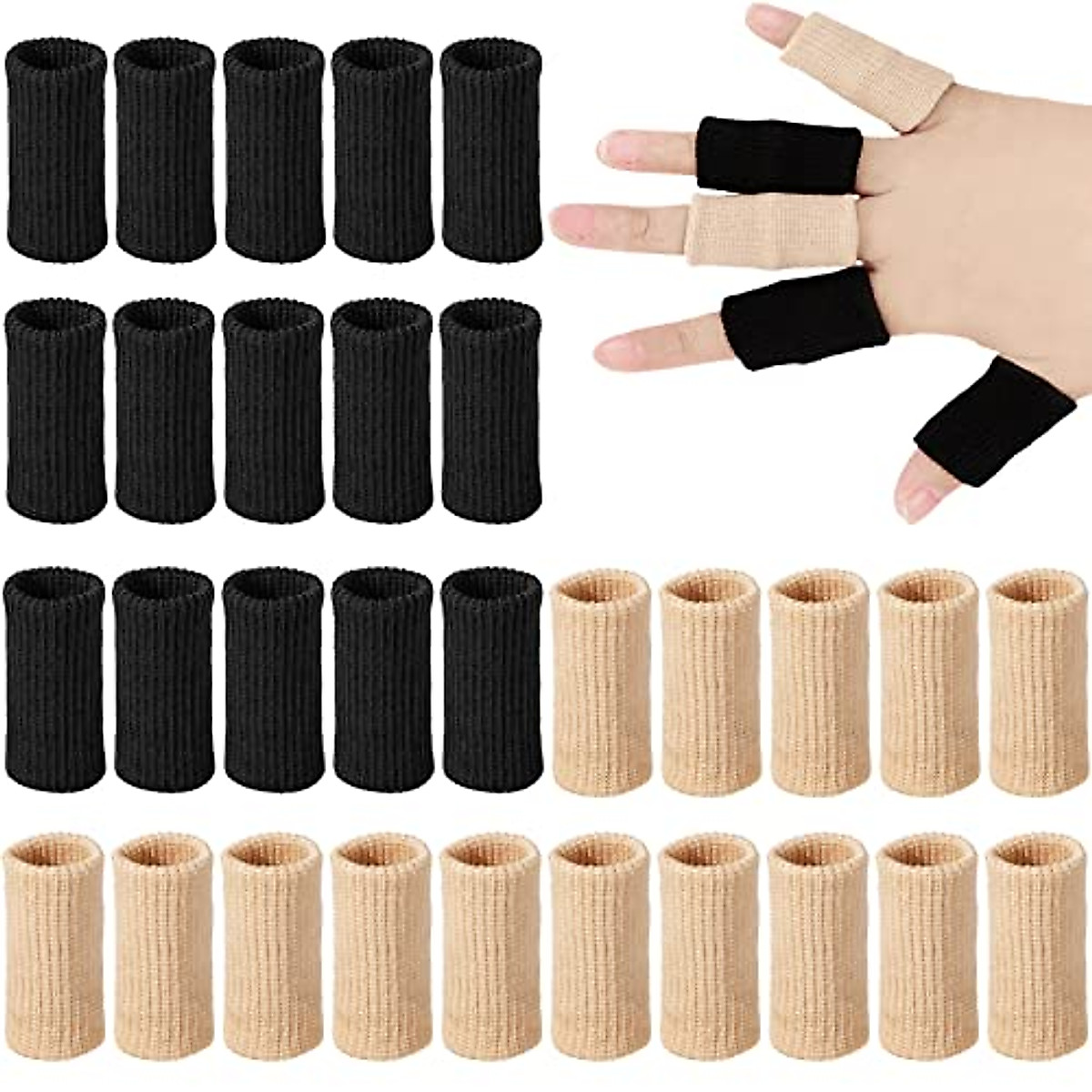 30 Pieces Finger Sleeves,Elastic Compression Protector with 1 Storage Bag,Finger Compression Sleeves,Elastic Thumb Sleeve,Finger Protector Sleeve for Relieving Pain Sports(Black + Beige)