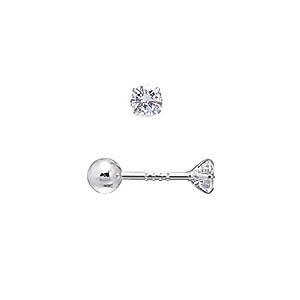 Screw Back Sterling Silver Cubic Zirconia Earrings Studs 3MM, White Diamond Color