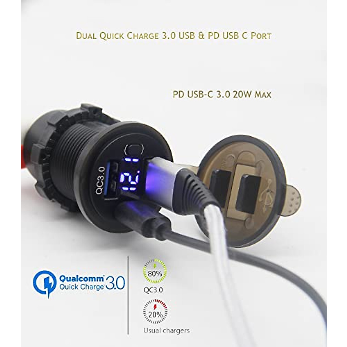 Dual USB Quick Charge 3.0 Port & PD USB C Car Charger Socket, 12V USB Outlet with Voltmeter and Power Switch for Car Boat Marine Truck