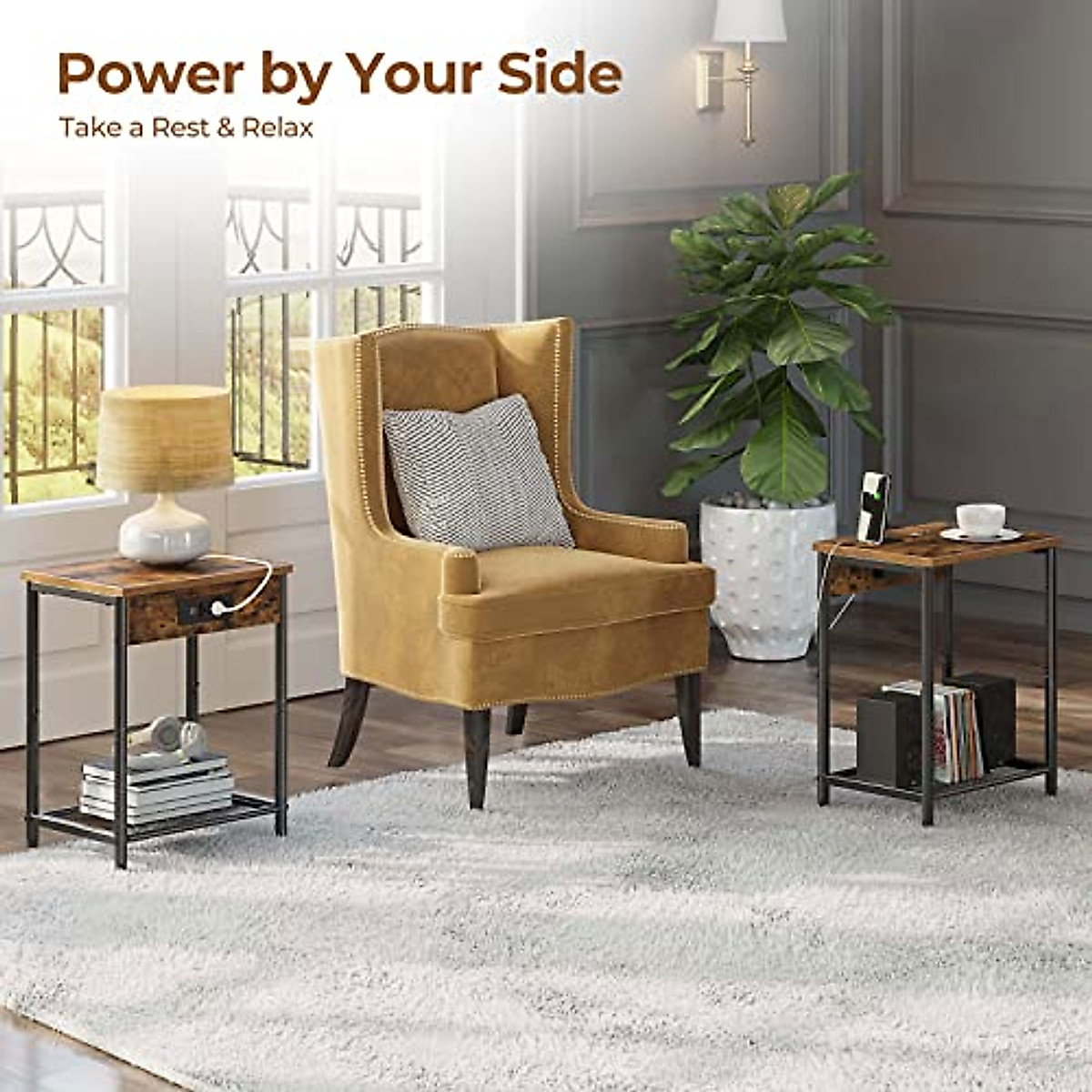 Rolanstar End Table Set of 2 with Charging Station, Small Side Table with USB Ports & Storage Shelf for Small Space, Living Room, Nightstand Bedside, 2-Tier Sofa Table for Bedroom