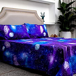 Bedlifes Galaxy Sheets Outer Space Sheet Set Galaxy Themed Sheets 3 pcs Flat Sheet& Fitted Sheets with 1 Pillowcases(Purple Twin)