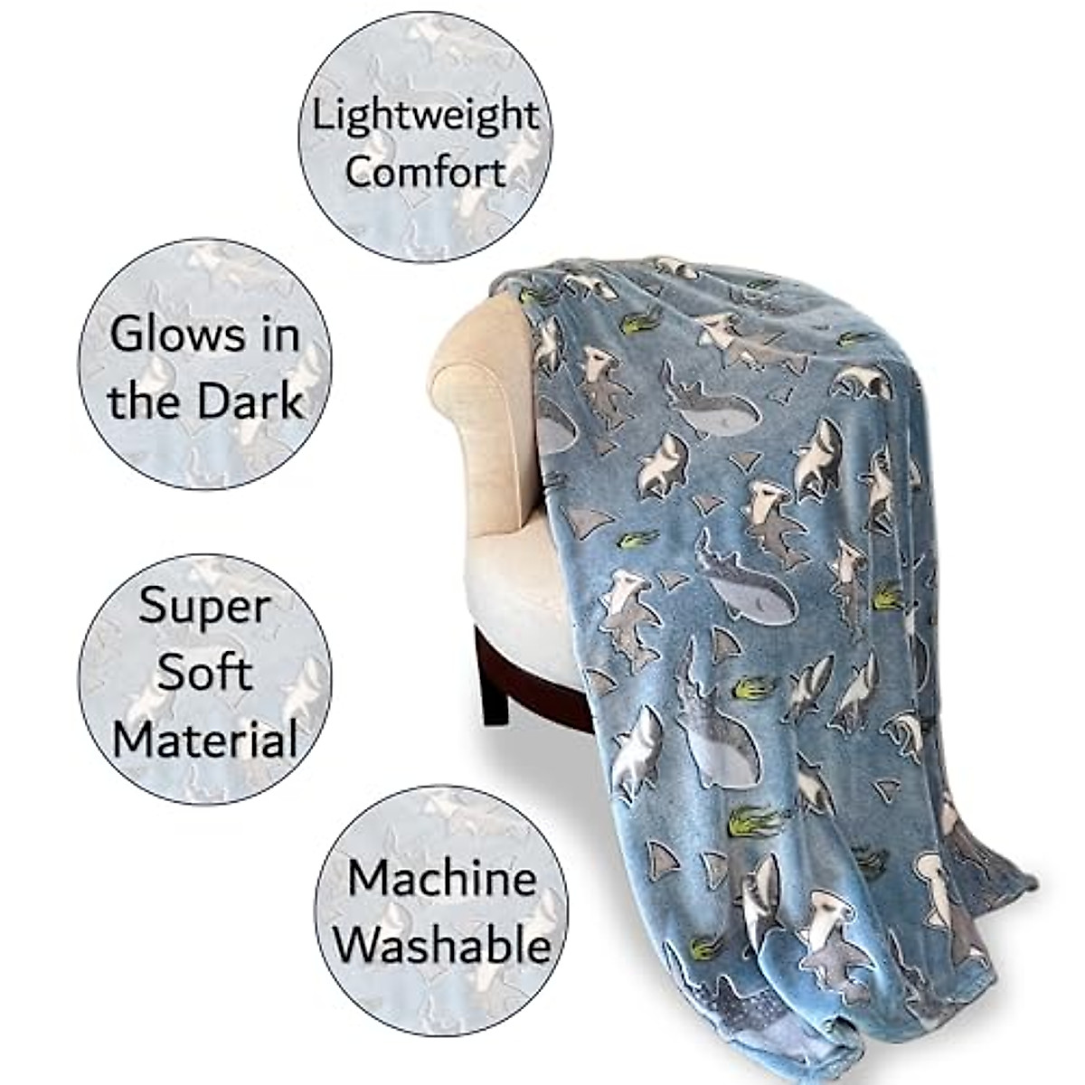 Shark Throw Blanket: Glow in The Dark, Cozy, Soft, Lightweight, Warm, 50" x 60" Fleece Shark Blanket for Boys and Girls with Hammerhead, Mako, Blue, Whale, and Great White Sharks! (Blue)