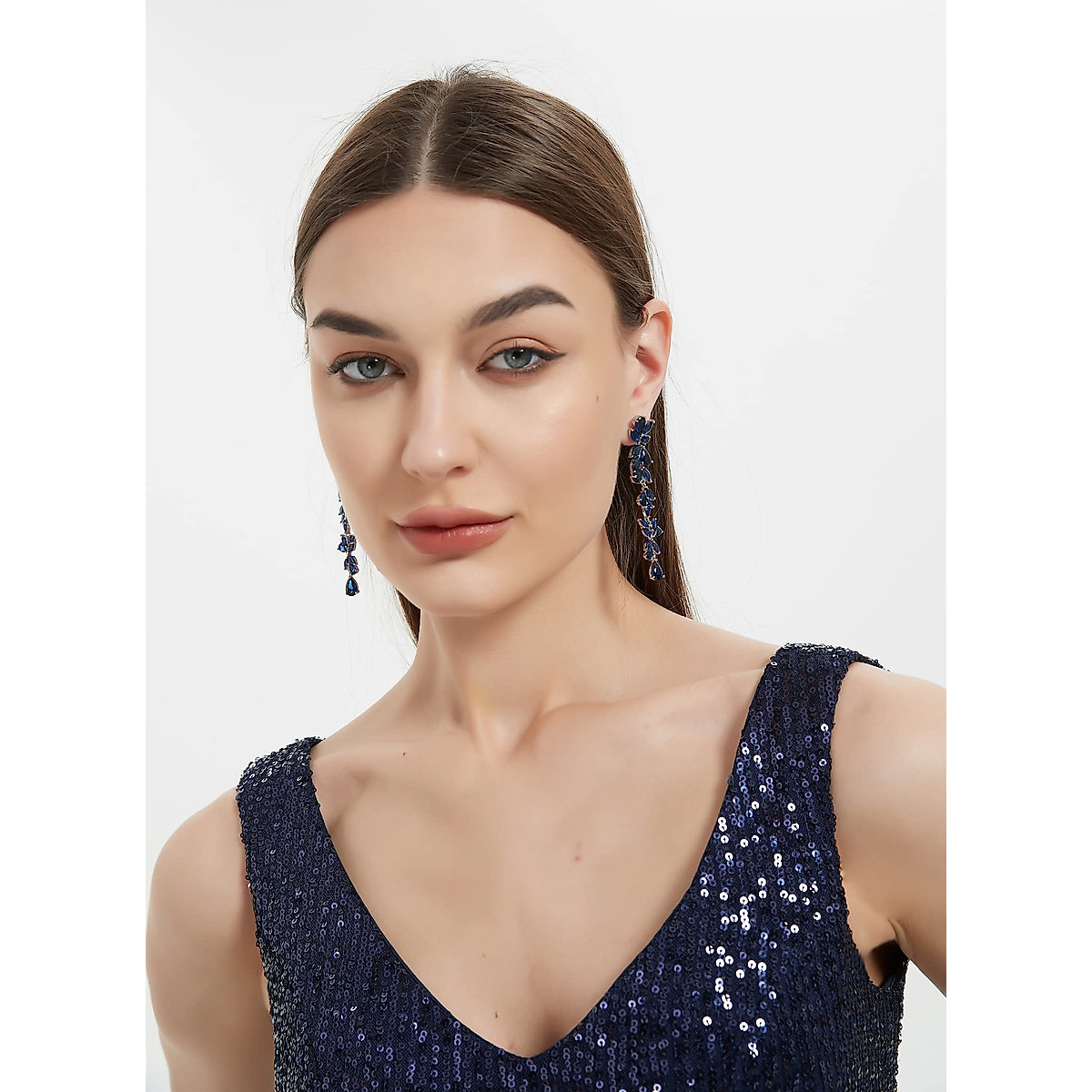 UDYLGOON Cubic Zirconia Bride Wedding Earrings Chandelier Long Dangle Earrings for Pageant Prom (Royal Blue)