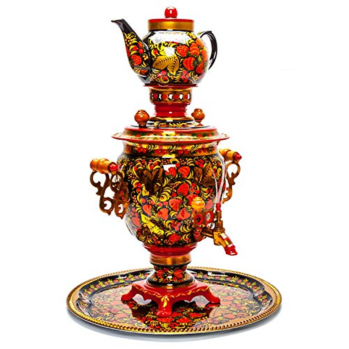 Red Khokhloma Electric Samovar Kettle with Teapot and Tray