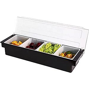 xiyeam 4 Tray Bar Top Food Condiment Dispenser Container with Lid, Plastic Garnish Station for Fruit, Veggie, Salad - Ice Cooled Topping Organizer for Home Restaurant Supplies & Serving