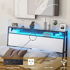 Queen Metal Headboard and Frame, Bed Frame and Headboard, Storage bed with LED Storage Headboard and 4 Storage Drawers, Charging Station, No Box Spring Needed, Noise Free, Easy Assembly-White