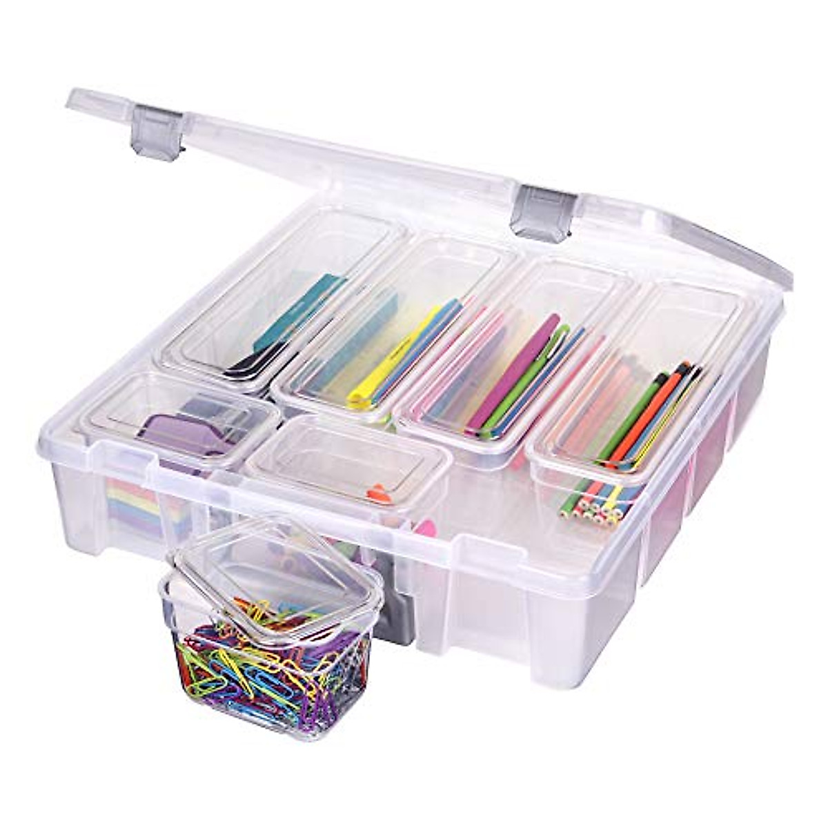 AB Designs 6967ABD Super Satchel with 9 Mixed Bins Inside Stackable Home Storage Organization Container, Clear with Sliver Latches and Handle, w/Long