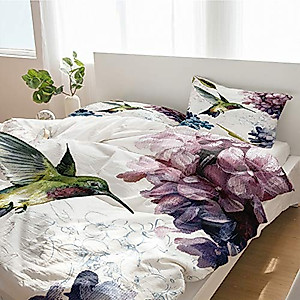 Duvet Cover Set 3 Pieces Queen Bedding Sets Hummingbird Hydrangea White Back Soft Luxury Comforter Cover with Pillowcases Microfiber Bedroom Quilt Covers-Zipper Closure Summer Bird Gradient Leaves