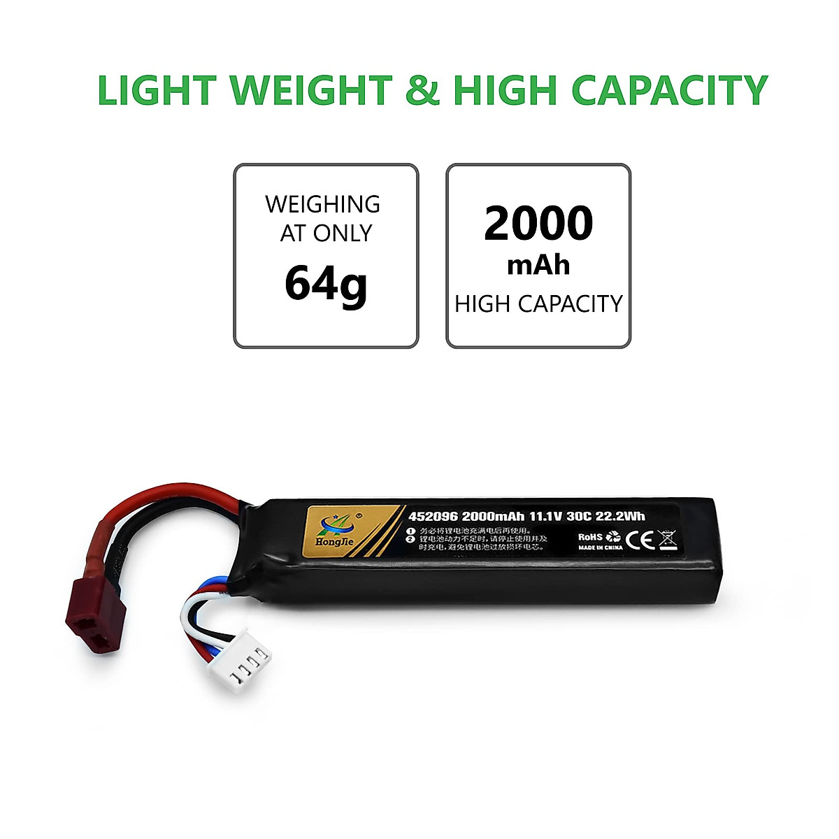 11.1V LiPo Airsoft Battery with Deans Connector 2000mAh 30C Rechargeable Stick Batteries for Airsoft Guns Airsoft Rifle
