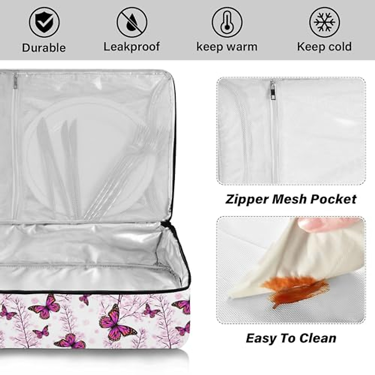 Kcldeci Insulated Thermal Food Carrier Insulated Casserole Carrier for Hot or Cold Food,Small Pink Flowers with Butterflies Insulated Tote Bag for Potluck Cookouts Parties Picnic,Lasagna Lugger