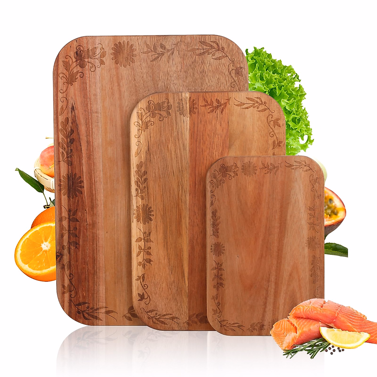Decorative Cutting Board by Beardo for Kitchen Acacia Cute Wood Cutting Boards Set Large Medium and Small Sizes with Floral