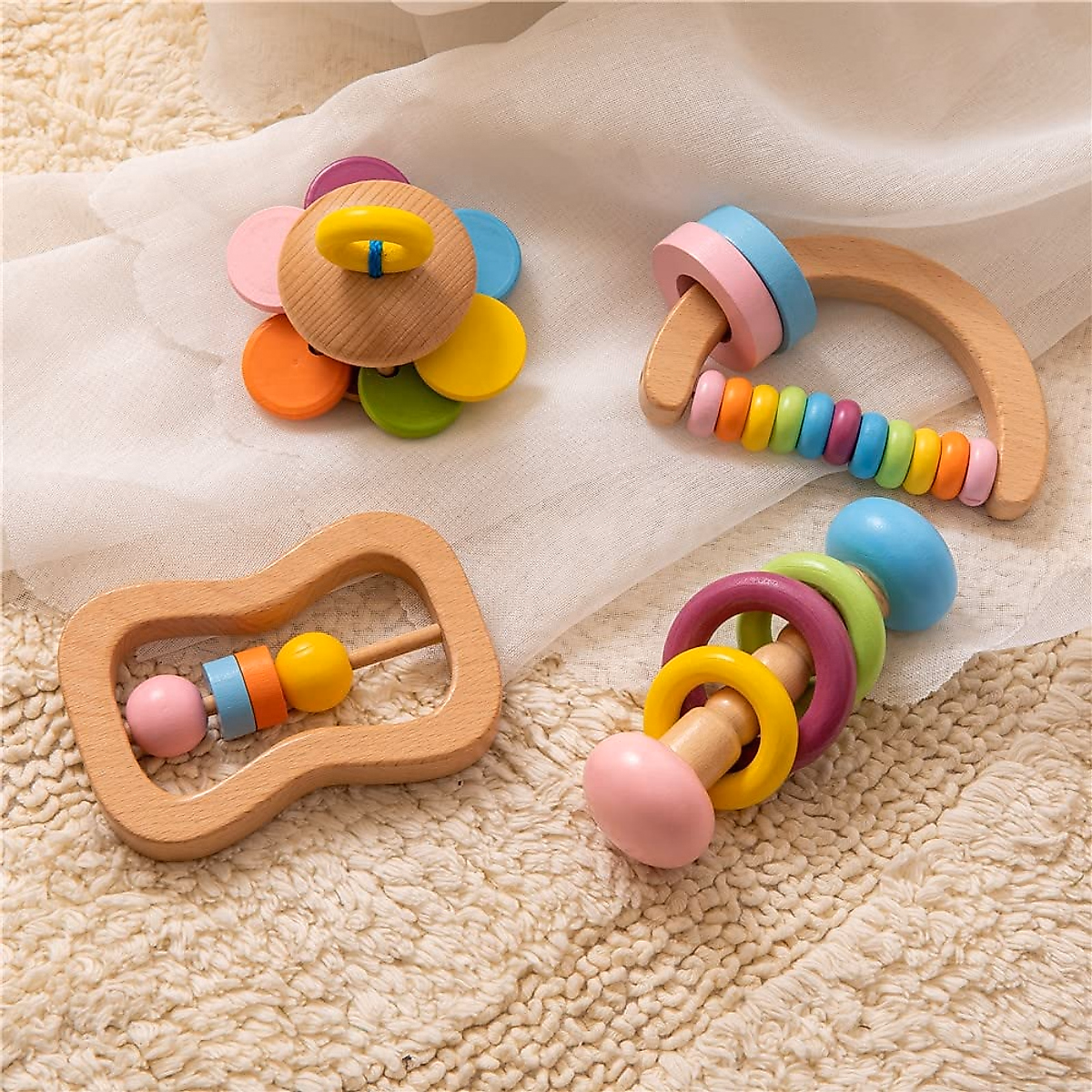 4pc Organic Colorful Baby Rattle Set Safe Food Grade Wood Rattle Soother Bracelet Teether Set Montessori Toddler Toy multicolored