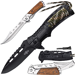 Grand Way Bundle of 2 Items Hunting Folding Knife with Rosewood Handle - Best EDC Survival Hiking Hunting Camping Knife - Knife with Firestarter and Whistle