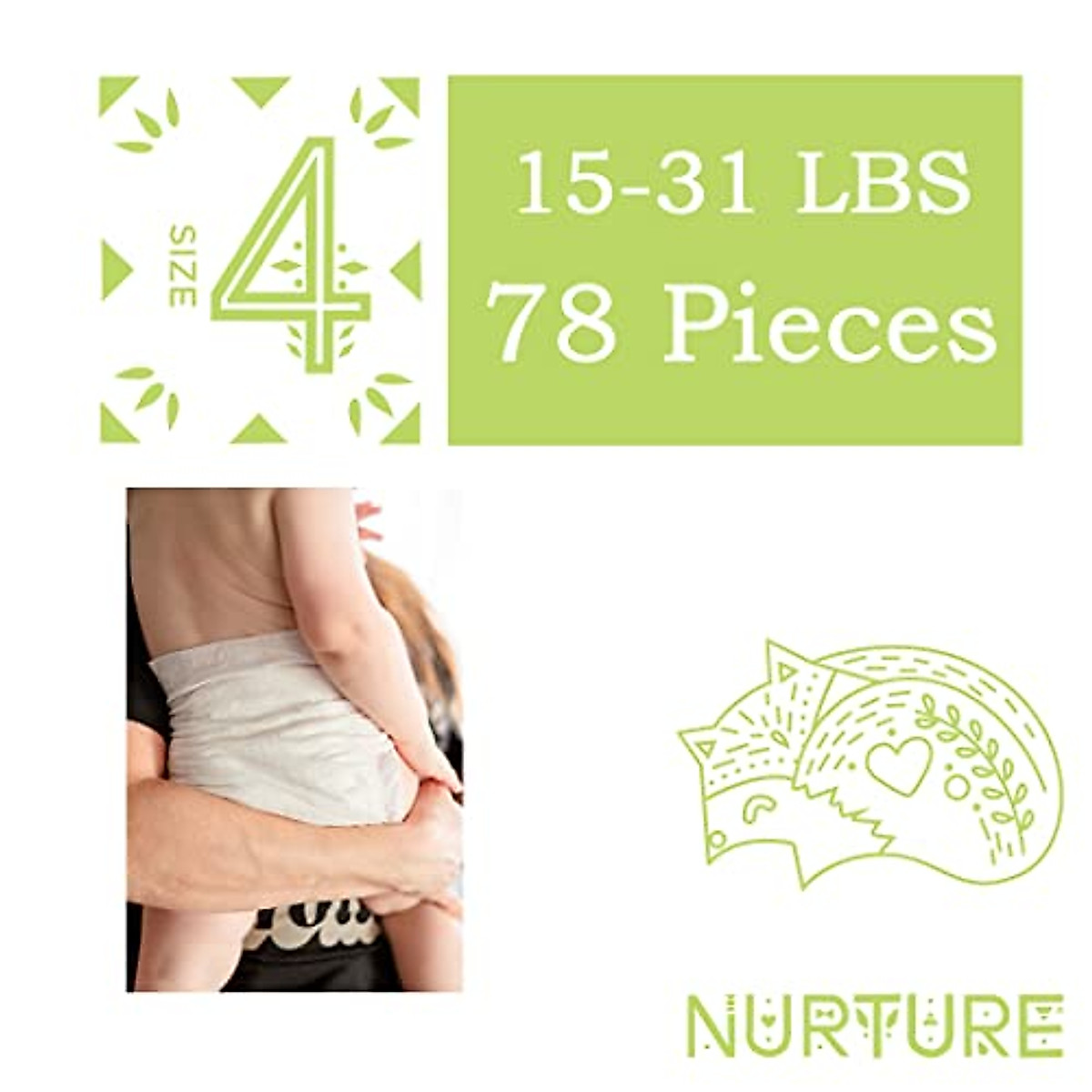 Nurture Diapers by BioBag, Size 4 (15-31 pounds), 78 Premium Quality Baby Diapers, Chemical Free, Ultra Absorbent, Eco Friendly, Hypoallergenic