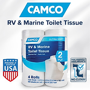 Camco Camper & RV Toilet Paper - 16-Rolls - 2-Ply Quick Dissolve RV Septic Safe Bath Tissue - Dye & Fragrance Free - 500 Sheets Per Roll (40282)