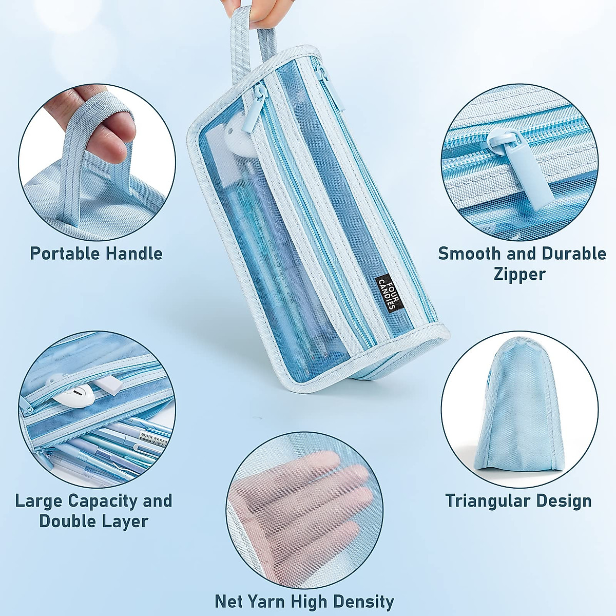 Four Candies Grid Mesh Pencil Case with Handle and Zipper, Clear Double-layer Pencil Pouch Marker Pouch, Travel Makeup Bag, Cute Transparent Stationary Organizer Pen Bag for Adult Office College