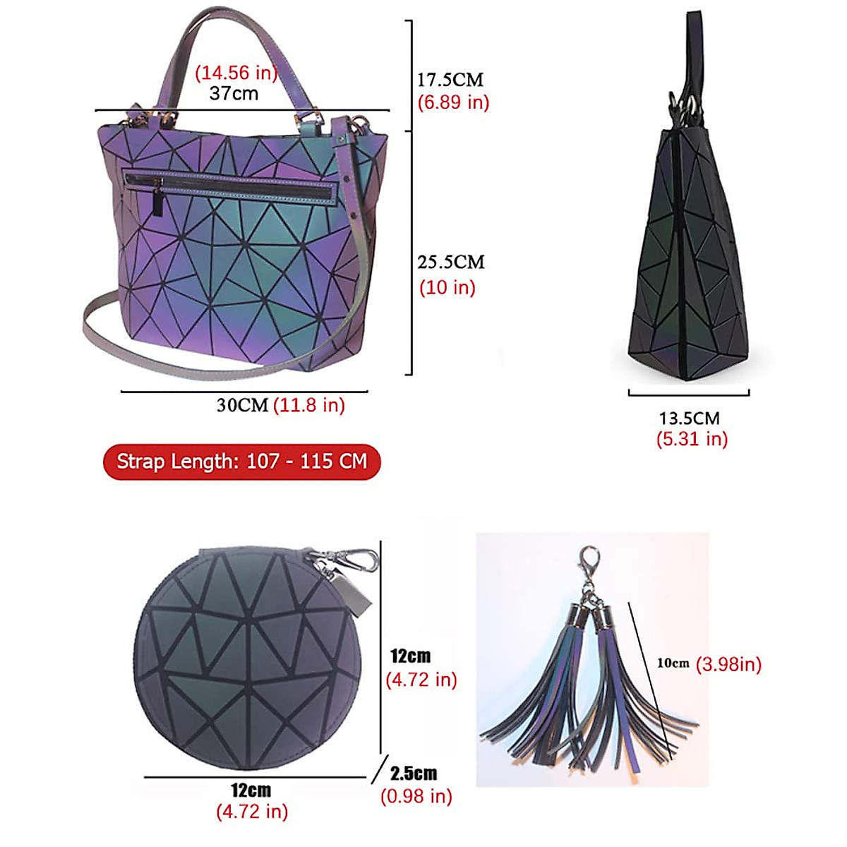 FOUCPOOM Geometric Luminous Purses and Handbags For Women Holographic Reflective Crossbody Bags Wallet Purse (Tassel handbag)