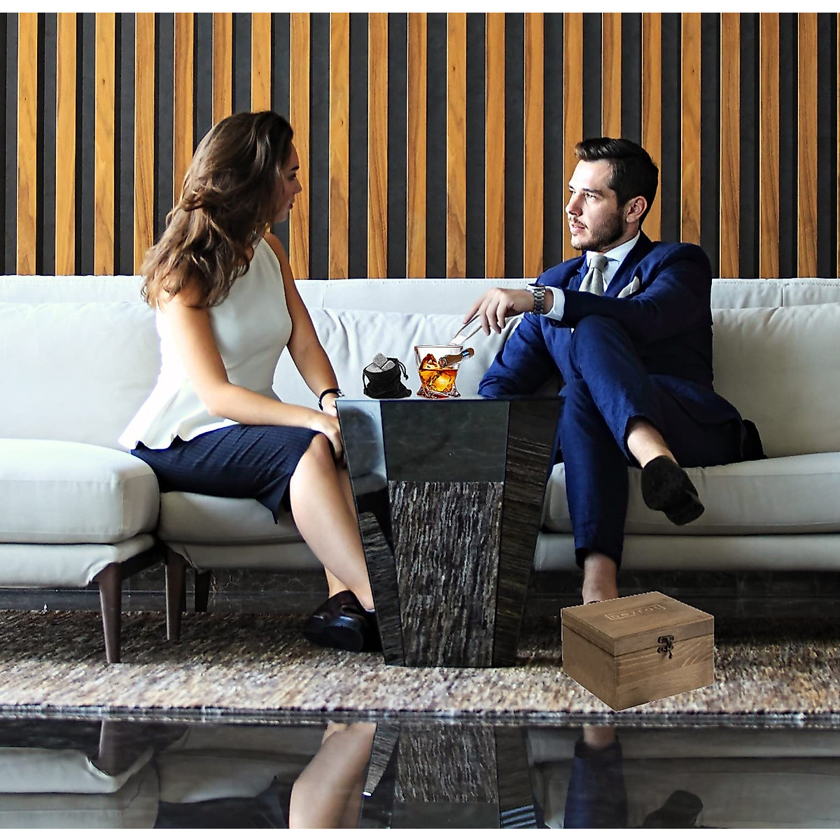 Whiskey Cigar Glasses with Side Mounted Cigar Holder, 10 oz + Whisky Chilling Stones and Accessories in Wooden Box - Scotch Bourbon Set for Dad, Husband, Fathers Day, Birthday Bezrat