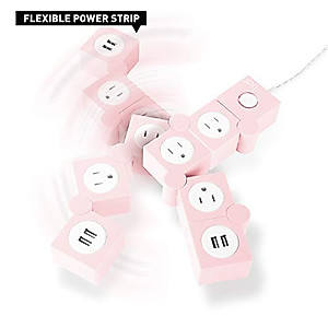 iJoy Flexible Power Strip- 3 AC Outlets and 2 USB Charging Ports with 5 Ft Extension Cord- 1250W/125V Decorative Surge Protector Outlet Extender for Home Office, Dorm, Room and More (Pink)