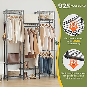 JS HOME Portable Closet Wardrobe Heavy Duty Clothes Rack, Freestanding Clothing Rack with 4 Hang Rods & 8 Shelves, Adjustable Closet Rack, 57" L x 15.7" W x 76.8H, Max Load 925LBS, Black