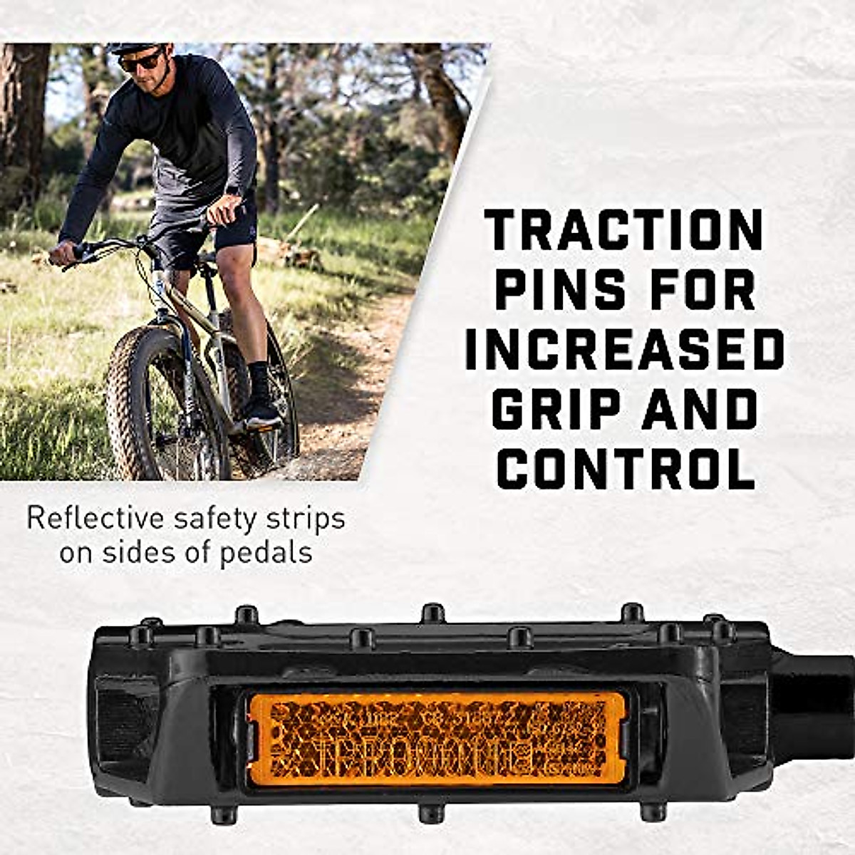 Mongoose Adult Mountain Bike Pedals, 1/2" and 9/16" Adapters, Durable Alloy Bicycle Platform Pedal, Refective Strips, MTB Bike Accessories, Black