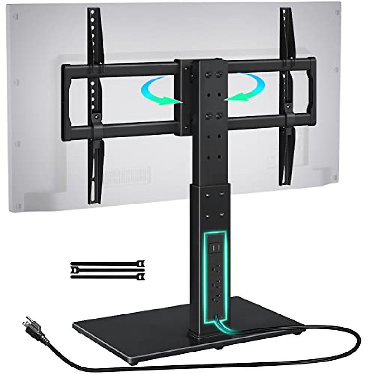 Greenstell TV Stand with Power Outlet, Universal TV Mount Stand for 37-70 inch TVs, Height Adjustable, Swivel Table Top TV Stand with Tempered Glass Base, Holds up to 100 LBs, Max VESA 600x400mm