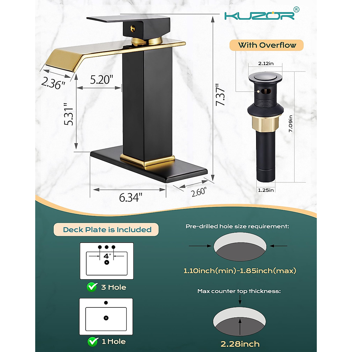 KUZOR Waterfall Bathroom Faucets 1 Hole Single Handle, Matte Black & Shiny Gold Bathroom Sink Faucet with Metal Pop Up Drain, Modern Square Faucet for Bathroom Sink Single Hole