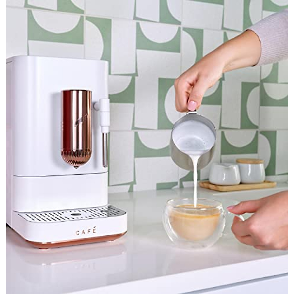 Café Affetto Automatic Espresso Machine + Milk Frother | Built-In & Adjustable Espresso Bean Grinder | One-Touch Brew in 90 Seconds | Matte White, 1.2 Liter, (C7CEBBS4RW3)
