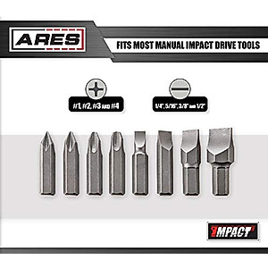 ARES 70013-8-Piece S2 Steel Impact Driver Bit Set - Includes Phillips 1,2,3,4 and Slotted 1/4-Inch, 5/16-Inch, 3/8-Inch and 1/2-Inch Bits - High Alloy S2 Steel Construction