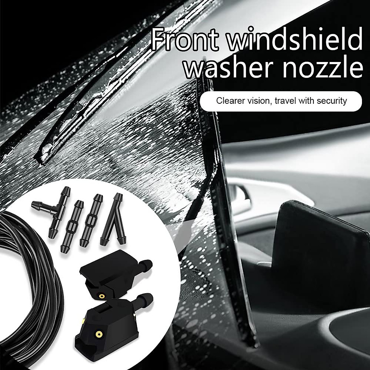 Windshield Washer Hose Kit, 2 Meter Washer Fluid Hose with 4 Pcs Hose Connectors and 2 Front Windshield Washer Nozzles, Washer Spray Jet Kit, Universal Windshield Washer Nozzles Kit