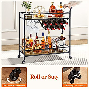 Lifewit Bar Cart, Home Bar Serving Cart, 2 Tier Drink Cart with 9 Wine Bottle Racks, Liquor Beverage Cart for Kitchen Dining Living Room Outdoor, 31.5" x 13" x 34.6", Black