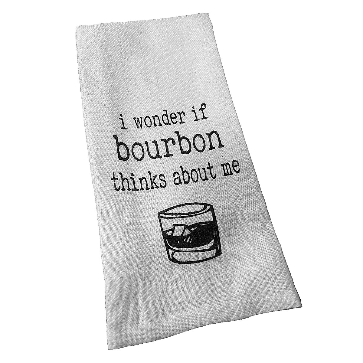 I Wonder If Bourbon Thinks About Me Tea Towel | Dish Towels with Funny Bourbon Whiskey Sayings are Perfect for Home, Bar, or Kitchen | Funny Gift for Old Fashioned Cocktail Lovers
