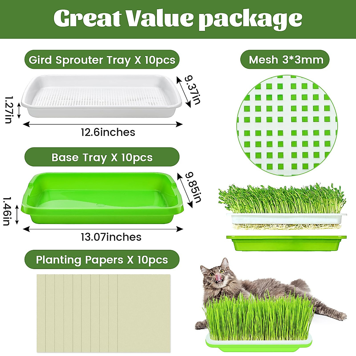 Legigo 10 Pack Green Seed Sprouter Trays- Soil-Free Cultivation Germination Tray, BPA Free Nursery Tray with Planting Paper for Indoors or Outdoors Sprouting Seeds, Grow Grass, Beans (Without Lids)