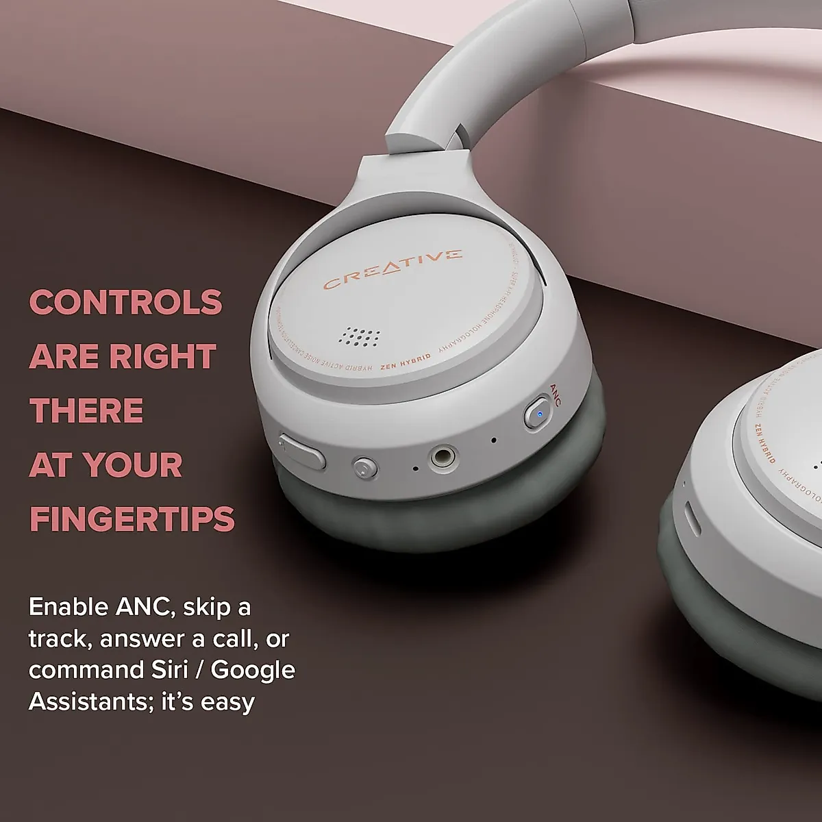 Creative Zen Hybrid (White) Wireless Over-Ear Headphones with Hybrid Active Noise Cancellation, Ambient Mode, Up to 27 Hours (ANC On), Bluetooth 5.0, AAC, Built-in Mic, Foldable