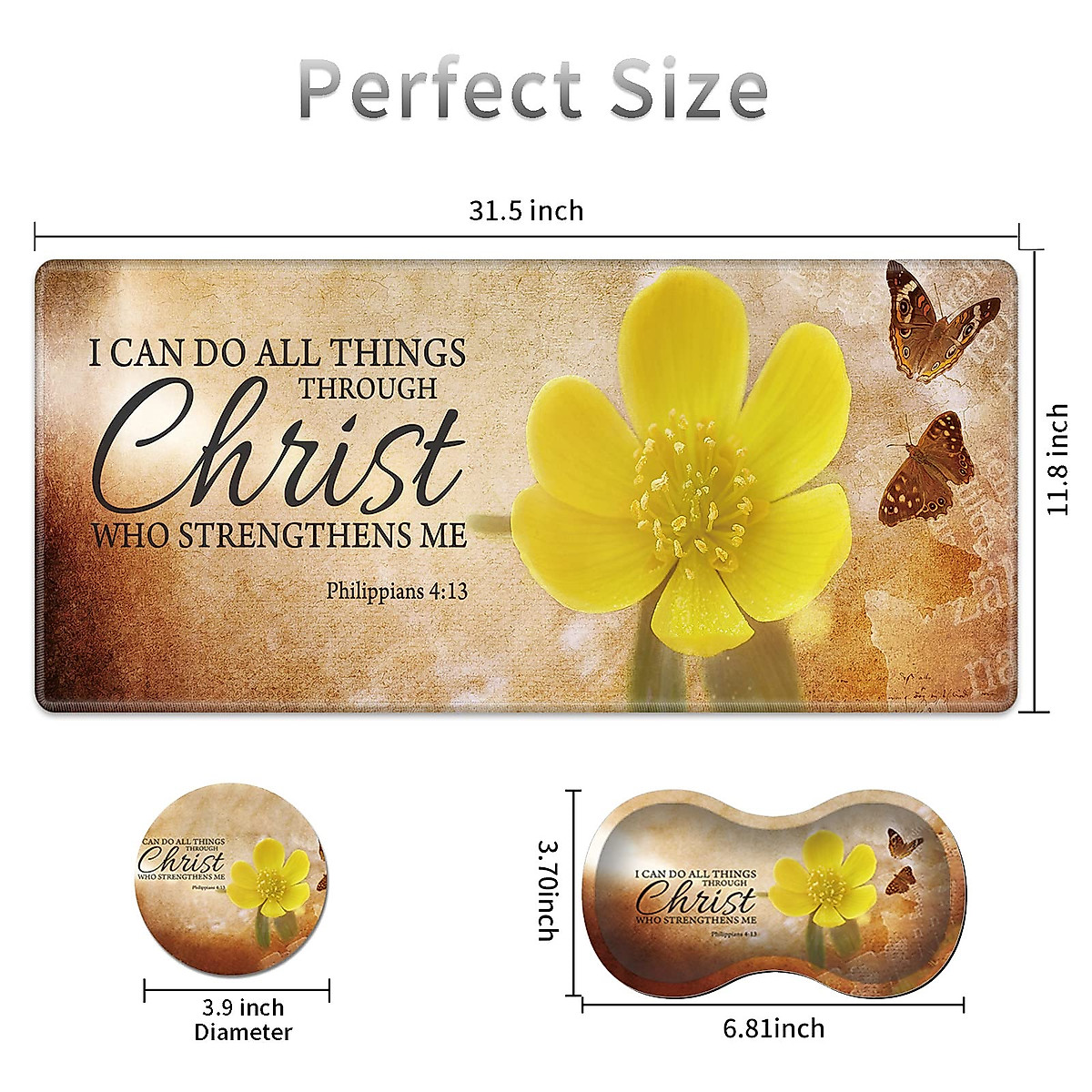 Desk Pad Mat + Wrist Rest Pad + Coasters Set, Durable Office Desk Mat 31.5"x 11.8", Large Gaming Mouse Pad Extended Non-Slip Rubber Base Keyboard Pad for Laptop & Home, Bible Verse Philippians 4:13