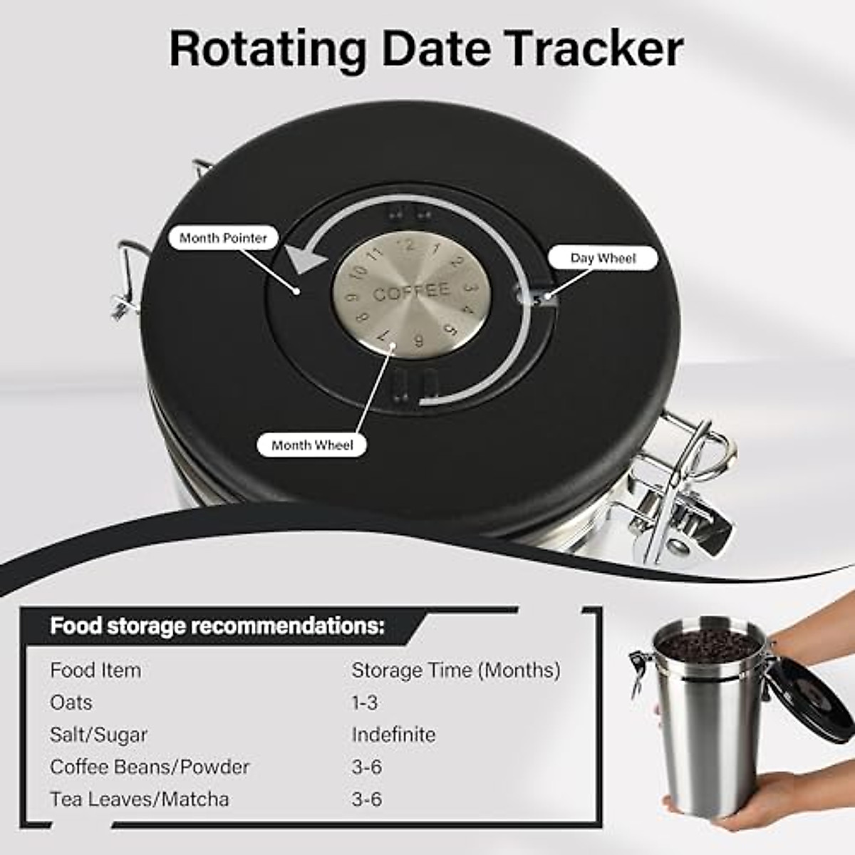 malmo 60oz/1.8L Food Containers 3-Piece, Airtight with Lid, Cups and Date Tracker Containers Set for Tea Coffee Beans Sugar Flour, Stainless Steel Kitchen Pantry Storage Counter, Silver