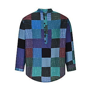 Prime Early Access Sale Long Sleeve Shirts for Men Cotton Western Aztec Ethnic Multi Buttons Shirt Causal Ethnic Print Color Block Shirt Mens Tall t Shirts Blue 2X