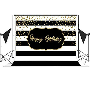 Black and White Stripes Happy Birthday Backdrop Gold Shining Dots Birthday Party Photography Background for Adults Sweet Birthday Party Photo Banner Props 7x5ft