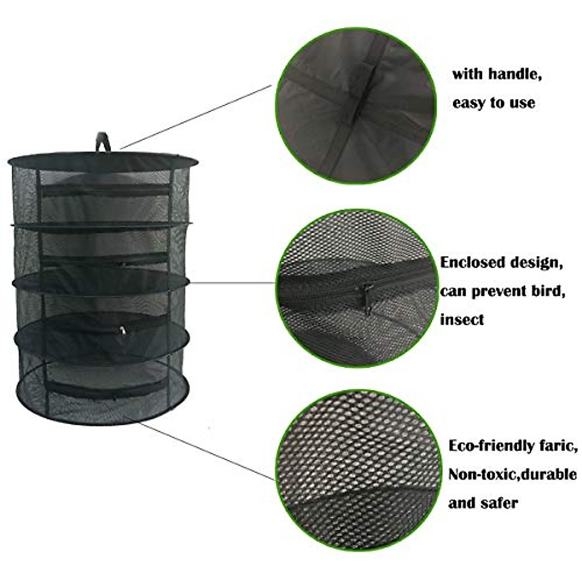 RIOGOO Herb Drying Rack Net 4 Layer Herb Dryer Black Mesh Hanging Dryer Rack with Zipper (31.5"x24")