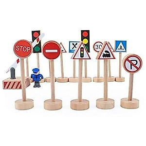Kaptin 15 Pcs Wooden Street Signs Playset, Traffic Signs Lights Playset for Children Play