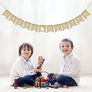 Burlap Happy Easter Banner | Rustic Easter Celebration Decorations | Happy Easter Bunting Garland with Rabbit Bunny Sign | Easter Party Decor Photo Props