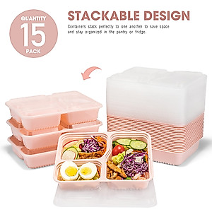 Glotoch Express Meal Prep Container 3 Compartment, 15 Packs 34 oz To Go Containers, Plastic Containers With Lids For Storage-Microwave&Freezer&Dishwasher Safe, Eco-Friendly, BPA-Free&Stackable, Pink