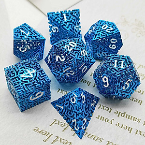 DND Polyhedral Hollow Metal Dice Set RPG Maze Design D&D Dungeons and Dragons D and D MTG Weighted Pathfinder Board Game D4 D6 D8 D10 D% D12 D20 (with Free Metal Storage Box) Dice-Blue