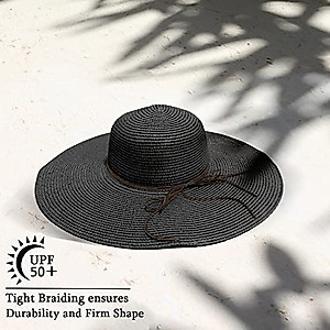 Women Wide Brim Straw Hats,Folable Floppy Sun Hats for Women Uv Protection,Summer Beach Packable Sun Hats UPF 50+ Black