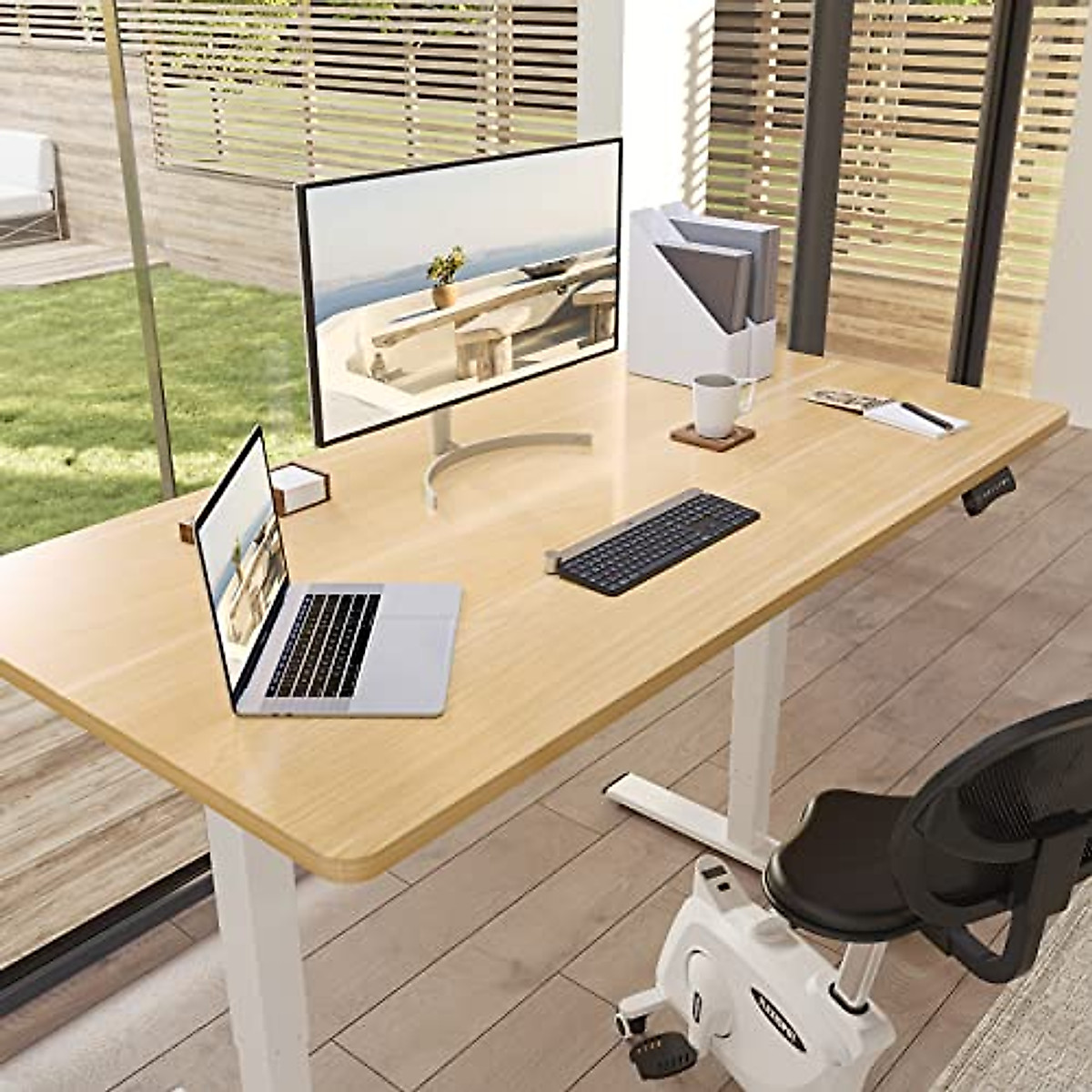 FLEXISPOT Classic 3 Stages Dual Motor Electric Standing Desk 55x28 Inches Whole-Piece Desk Board Height Adjustable Desk Electric Stand Up Desk Sit Stand Desk(White Frame + Natural Desktop)