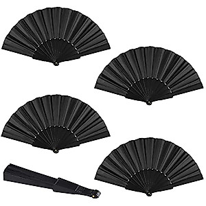 Minelife 4 Pieces Black Handheld Folding Fan, Decoration Fold Hand Fan Nylon Cloth Chinese Fan for Party Favors, Dancing, DIY Decoration