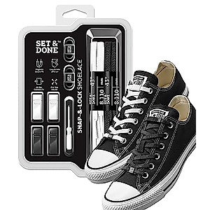 Set & Done 2 Pair Flat Elastic No Tie Shoe Laces for Sneakers, Adults & Kids with Tieless Smart Magnetic Locks (Black + White)