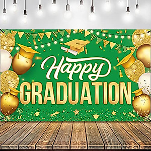 46 Pieces, XtraLarge Graduation Hanging Decorations - Graduation Swirls | Happy Graduation Banner Green and Gold - 72x44 Inch | Green and Gold Graduation Decorations 2022 | Graduation Backdrop
