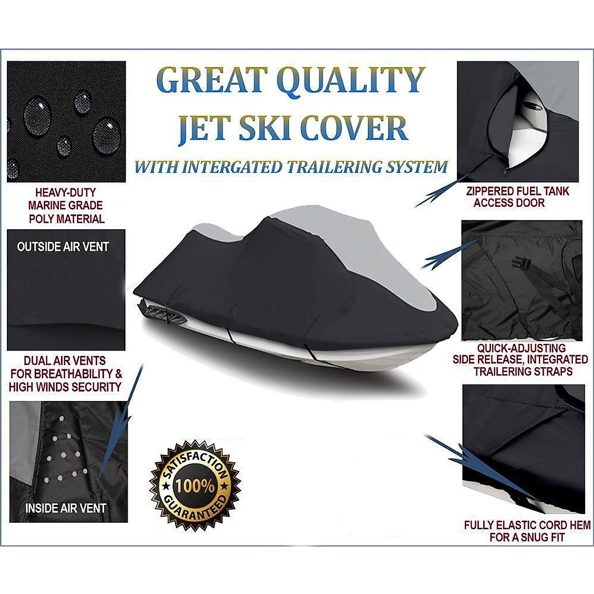 SBU Jetski Cover Compatible for Yamaha Wave Runner VX Deluxe 2007-2014 Jet Ski PWC Cover Black/Grey